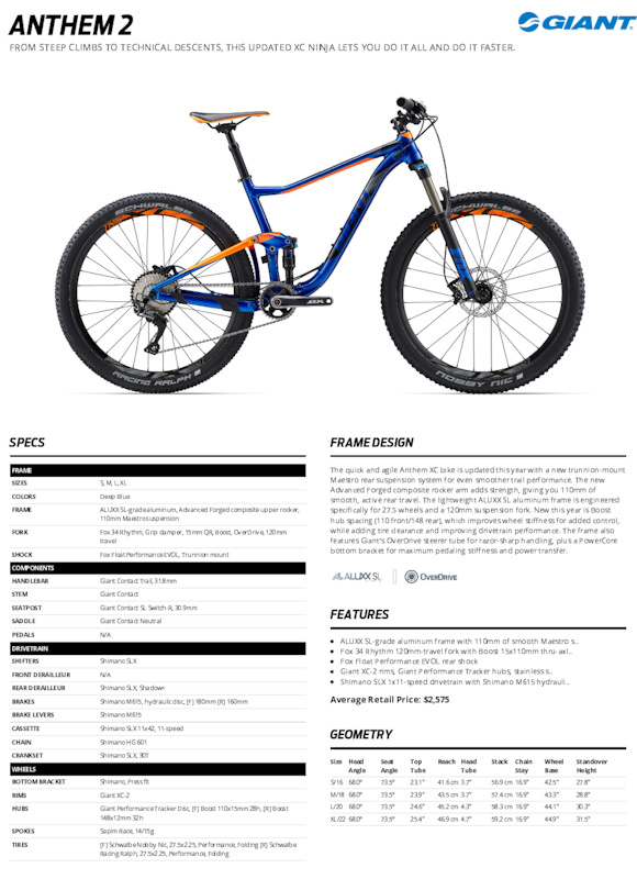 2017 Giant Anthem 2 M For Sale