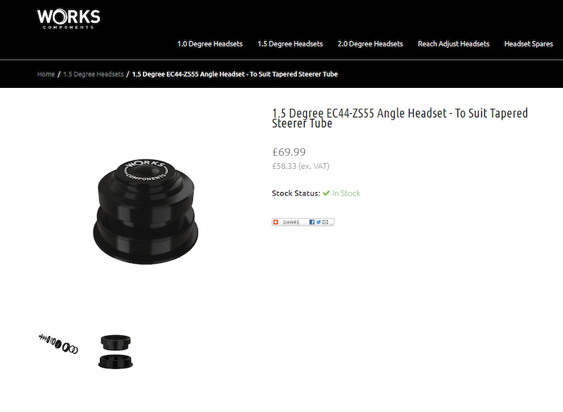 2019 'WORKS COMPONENTS' - 1.5 Degree Angle Headset For Sale