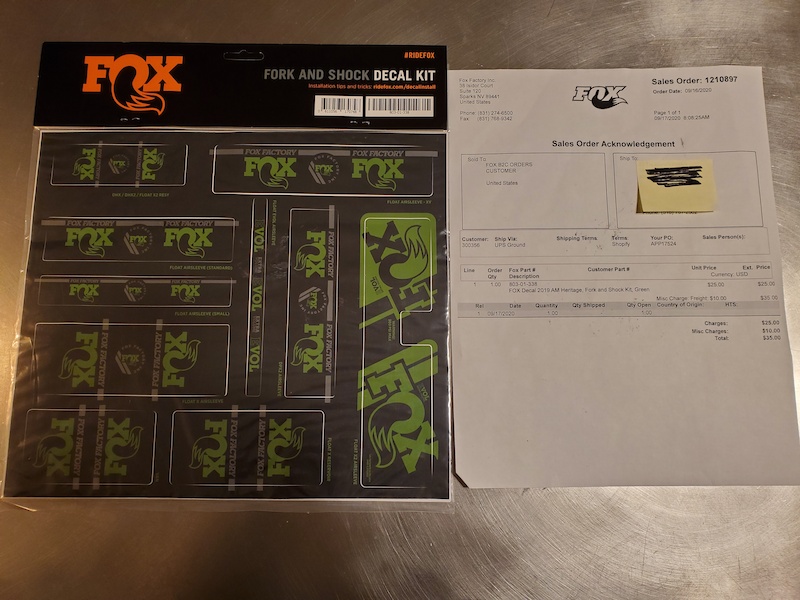 2019 FOX Green Fork and Shock Stickers (Factory) For Sale