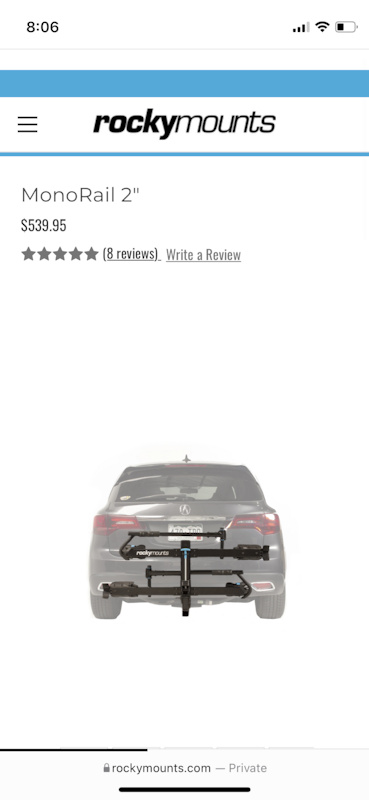 2021 Rocky Mounts Monorail 2” Hitch Bike Rack For Sale