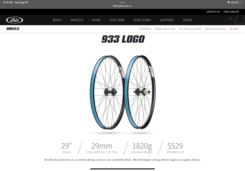 2020 29 Ibis 933 Logo rims w/hubs - one set left For Sale