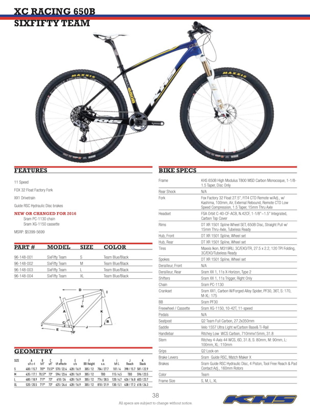 2016 KHS XC Racing 650 Sixfifty Team Medium For Sale