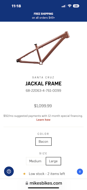 2022 Brand new Santa Cruz Jackal (Frame) large bacon For Sale