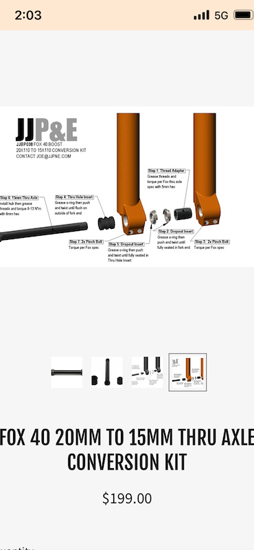 2023 Fox 40 20 to 15 boost axle conversion kit For Sale